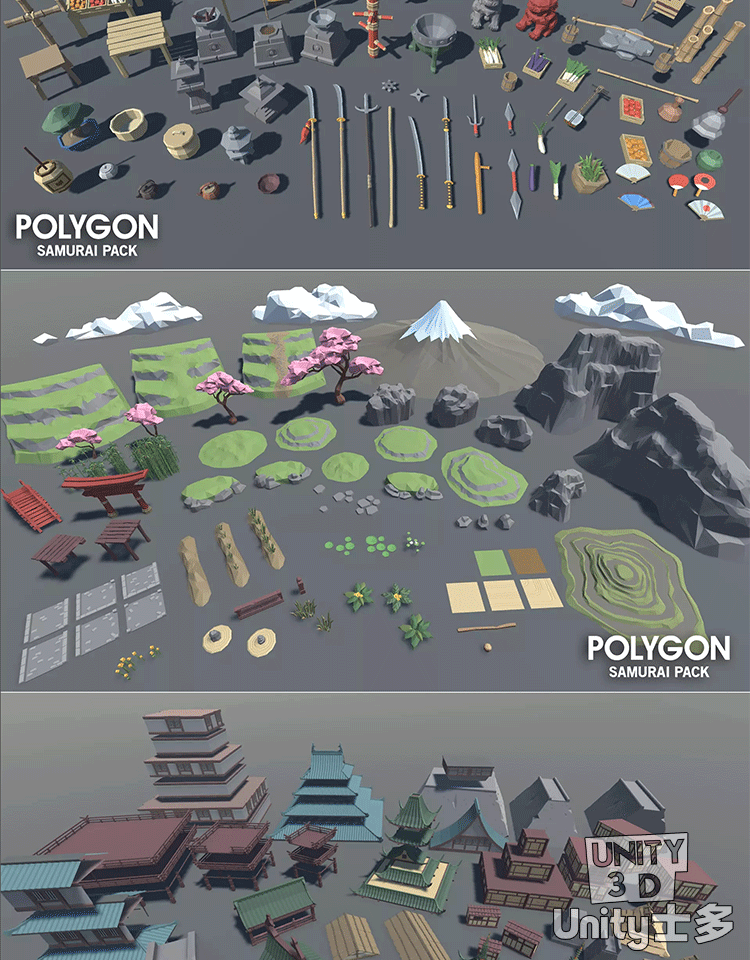 Unity日式唐风神庙建筑庭院狮子U3D角色模型POLYGON Samurai Pack - 场景模型 - 绘图狗-设计灵感素材集散地