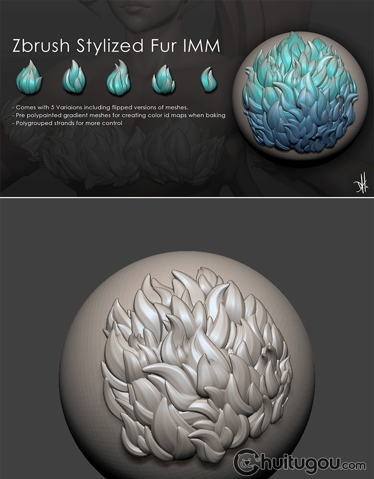 Zbrush风格化毛发毛皮动物绒毛IMM笔刷zbp画笔ZB雕刻建模纹理素材 - 眉毛头发 - 绘图狗-设计灵感素材集散地