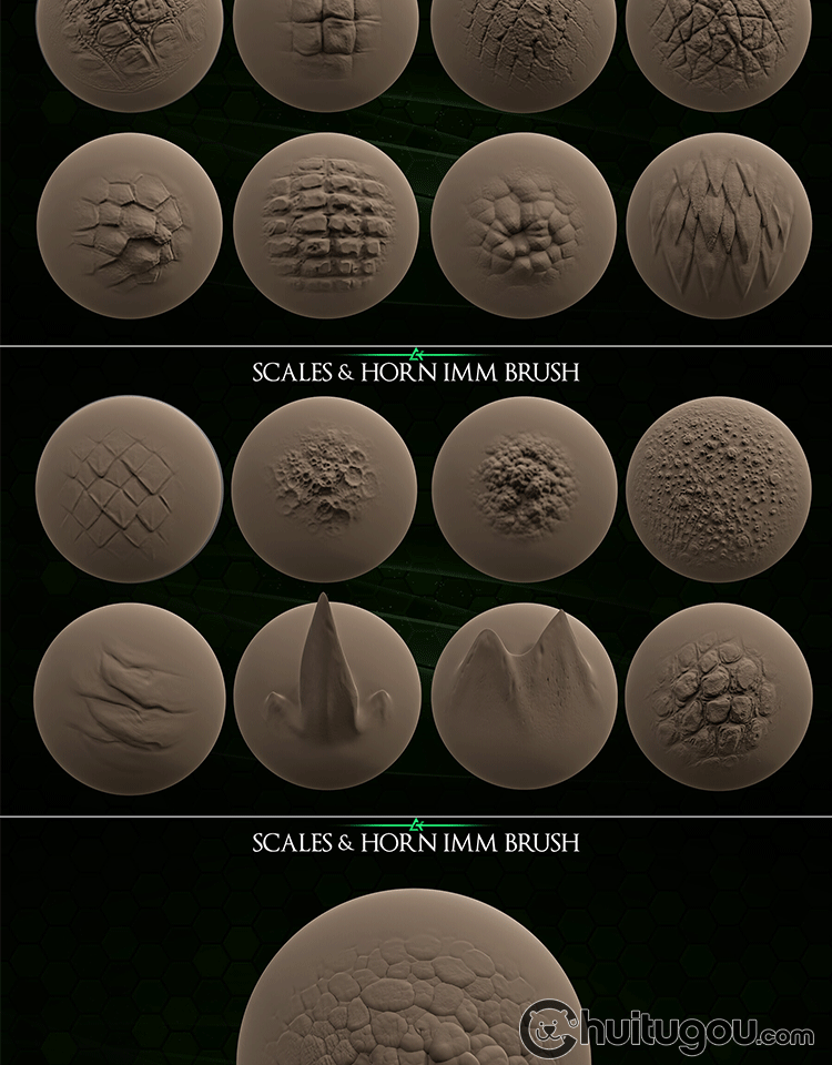 Zbrush恐龙怪物生物蜥蜴皮肤纹理犄角鳞片画笔ZB笔刷zbp雕刻素材 - 皮毛鳞甲 - 绘图狗-设计灵感素材集散地