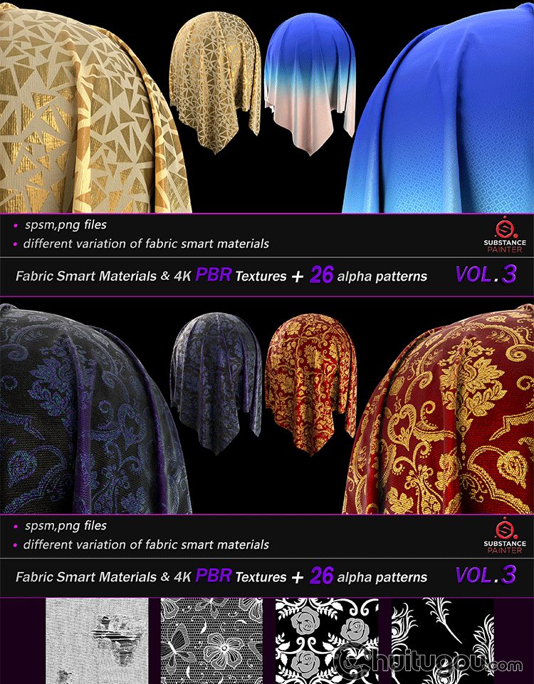 SP布料服装面料织物spsm智能材质PBR纹理4K无缝贴图Alpha服饰图案 - SP材质球 - 绘图狗-设计灵感素材集散地