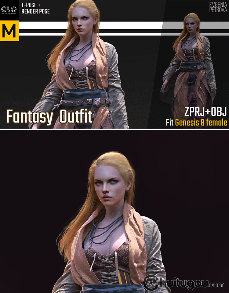 MD CLO3D复古奇幻风格女侠服装打版素材源文件3D设计模型zprj obj - 套装 - 绘图狗-设计灵感素材集散地