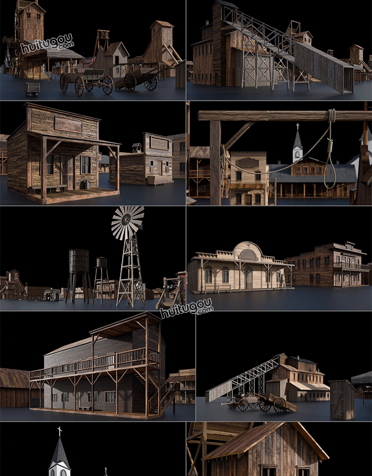 狂野西部风格乡村木屋农场风车建筑3D模型Kitbash3D - Wild West - KitBash3D模型 - 绘图狗-设计灵感素材集散地