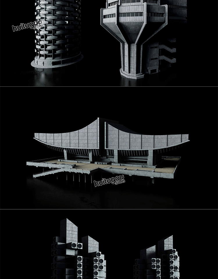 野兽派风格现代科幻城市建筑场景3D模型 Kitbash3d – Brutalist - KitBash3D模型 - 绘图狗-设计灵感素材集散地