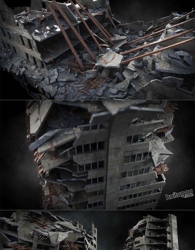 城市都市战区灾区建筑废墟末日楼房场景3D模型Kitbash3D-WARZONE - KitBash3D模型 - 绘图狗-设计灵感素材集散地