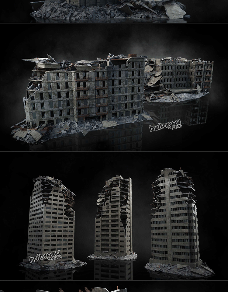 城市都市战区灾区建筑废墟末日楼房场景3D模型Kitbash3D-WARZONE - KitBash3D模型 - 绘图狗-设计灵感素材集散地