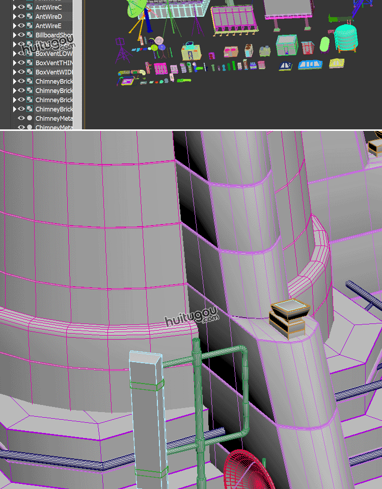 屋顶设施3D模型天线广告牌水电塔烟囱防火梯Kitbash3d - Rooftops - KitBash3D模型 - 绘图狗-设计灵感素材集散地