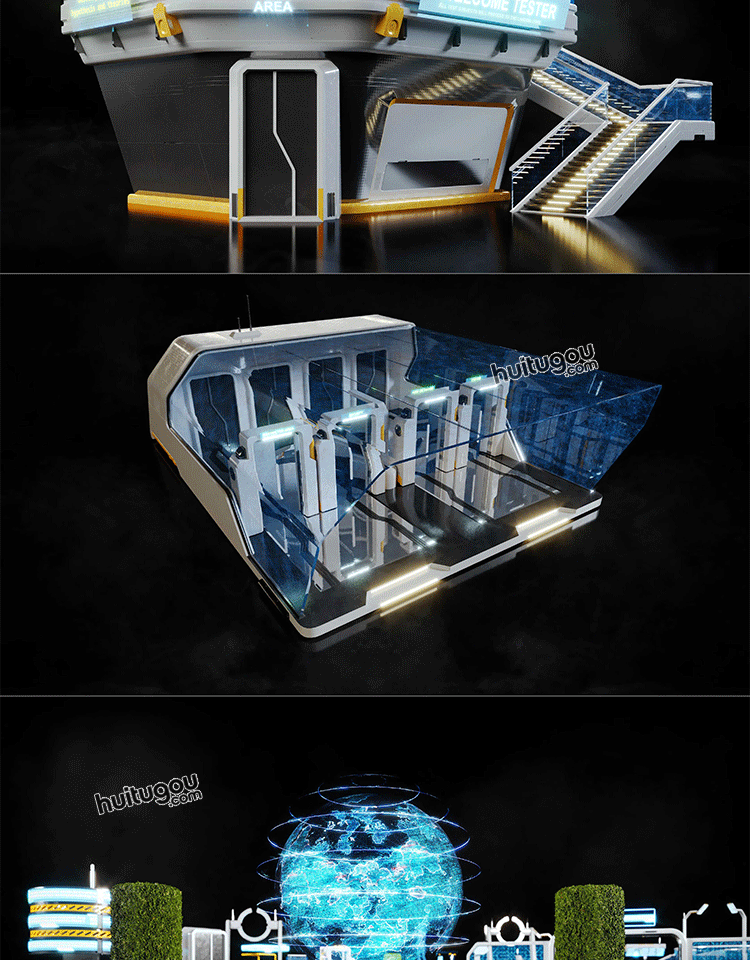 科幻未来高科技街道客服通信中心建筑3D模型High Tech Streets - KitBash3D模型 - 绘图狗-设计灵感素材集散地