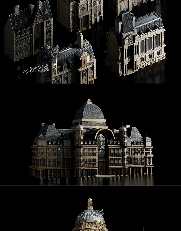 欧式新艺术古典公共建筑城堡住宅3D模型kitbash 3d Art Nouveau - KitBash3D模型 - 绘图狗-设计灵感素材集散地