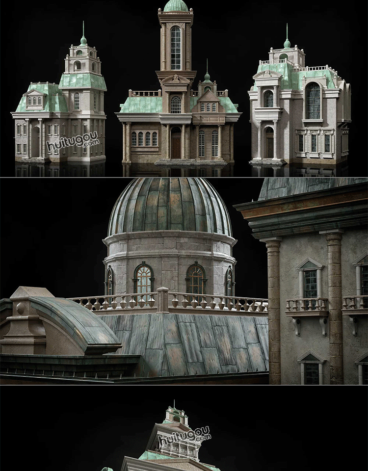 欧式复古宏伟殖民城堡建筑楼房3D模型素材KitBash colonial - KitBash3D模型 - 绘图狗-设计灵感素材集散地