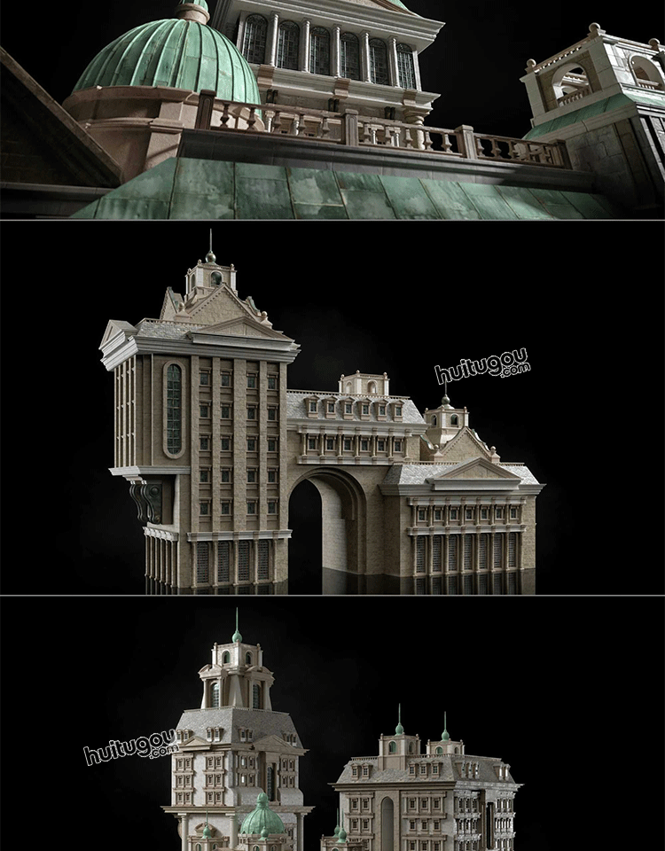 欧式复古宏伟殖民城堡建筑楼房3D模型素材KitBash colonial - KitBash3D模型 - 绘图狗-设计灵感素材集散地