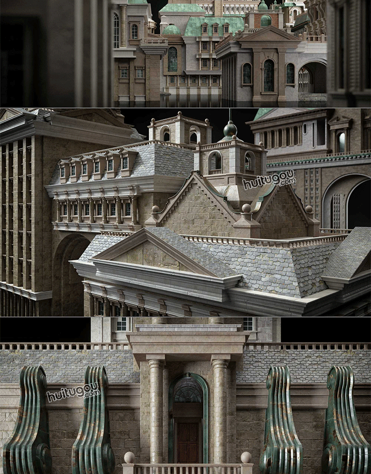 欧式复古宏伟殖民城堡建筑楼房3D模型素材KitBash colonial - KitBash3D模型 - 绘图狗-设计灵感素材集散地