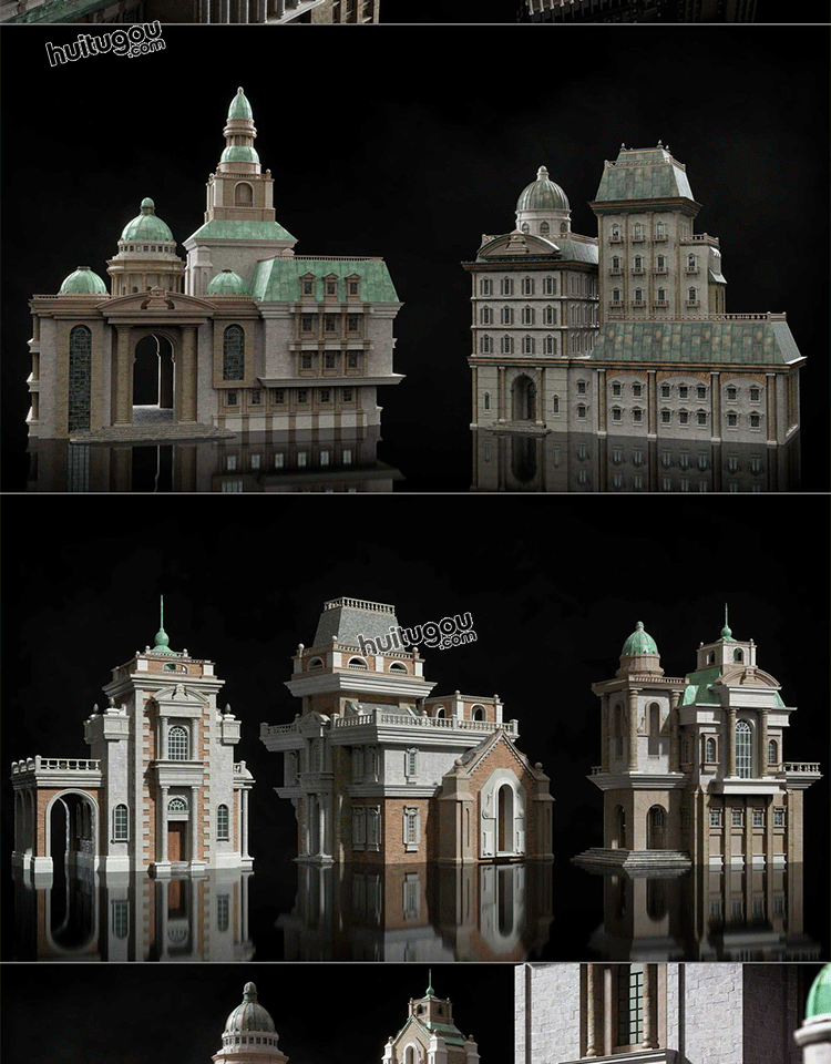 欧式复古宏伟殖民城堡建筑楼房3D模型素材KitBash colonial - KitBash3D模型 - 绘图狗-设计灵感素材集散地