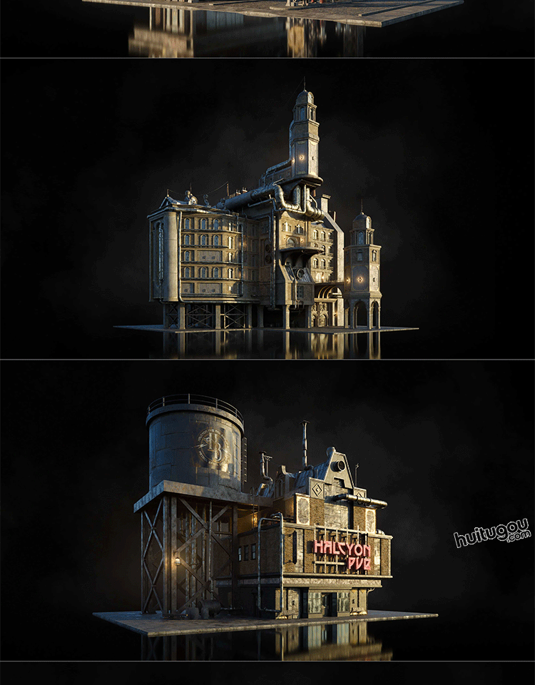 暗黑工业机械风3D建筑PBR模型复古反乌托邦Kitbash3d-Dieselpunk - KitBash3D模型 - 绘图狗-设计灵感素材集散地