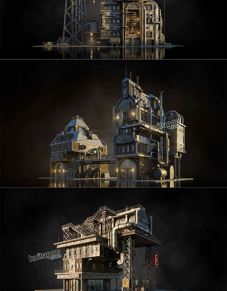 暗黑工业机械风3D建筑PBR模型复古反乌托邦Kitbash3d-Dieselpunk - KitBash3D模型 - 绘图狗-设计灵感素材集散地
