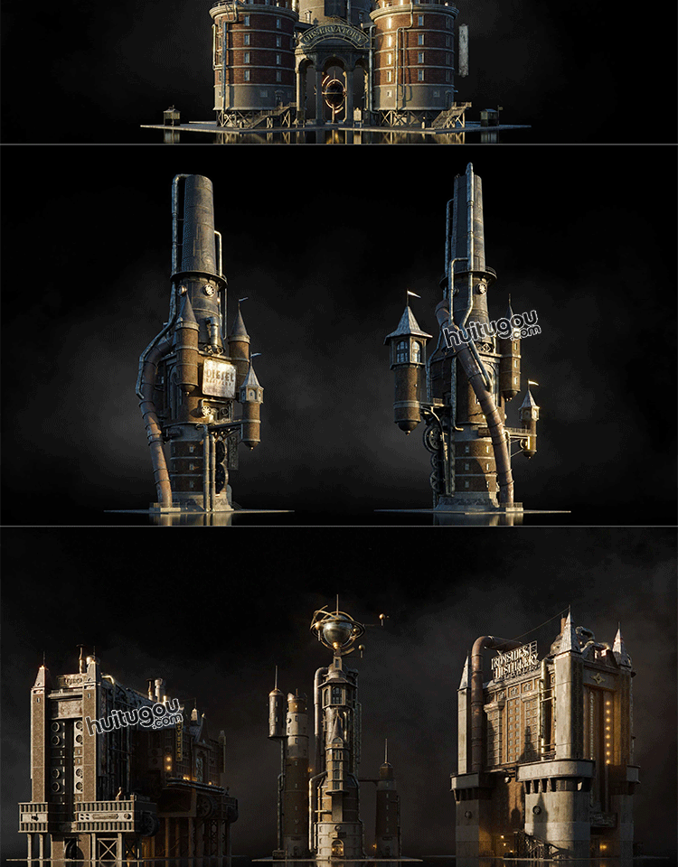 暗黑工业机械风3D建筑PBR模型复古反乌托邦Kitbash3d-Dieselpunk - KitBash3D模型 - 绘图狗-设计灵感素材集散地