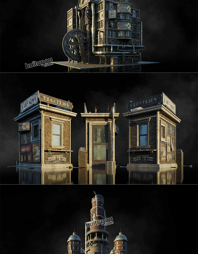 暗黑工业机械风3D建筑PBR模型复古反乌托邦Kitbash3d-Dieselpunk - KitBash3D模型 - 绘图狗-设计灵感素材集散地