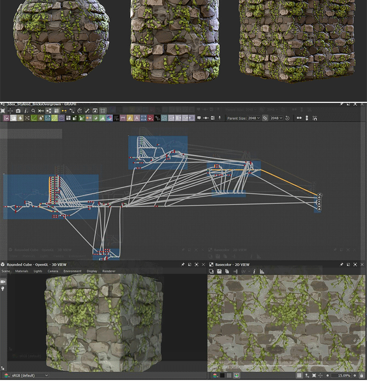 substance designer/SD/DS石墙藤蔓杂草丛生材质SBS工程tga素材 - SP材质球 - 绘图狗-设计灵感素材集散地